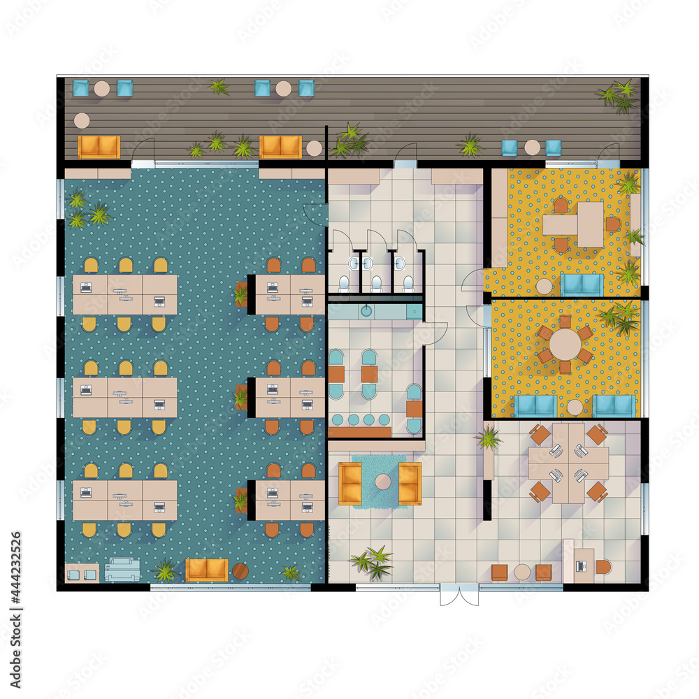 Contemporary Office Floor Plan. Color And Bright Rendering. Top View Stock Vector | Adobe Stock