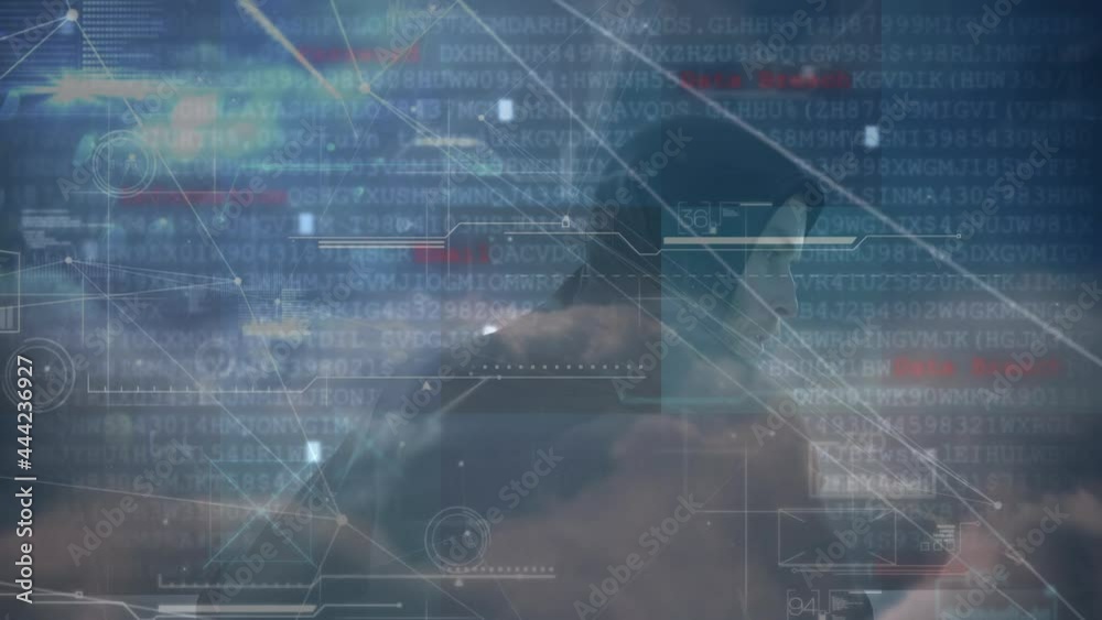 Animation of data processing and networks of connections over hacker Stock Video | Adobe Stock