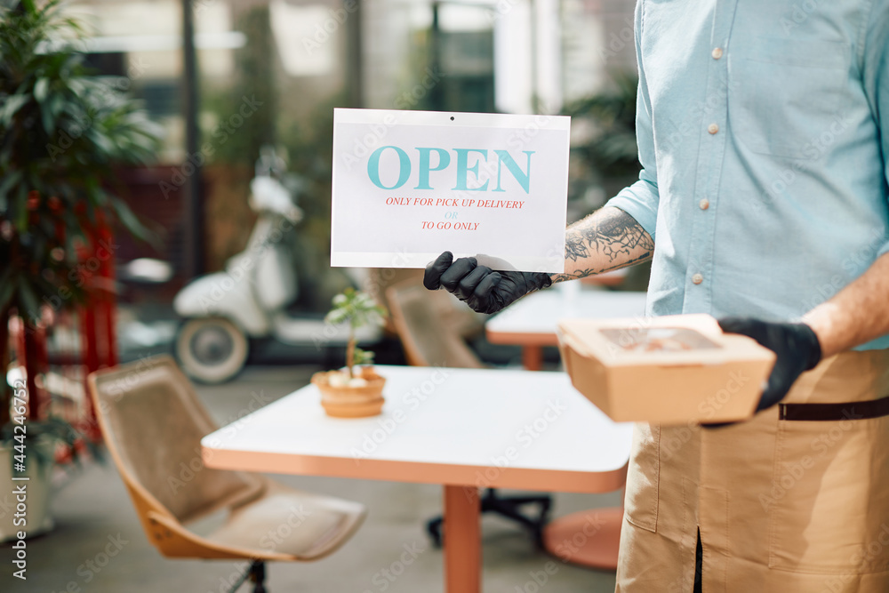 Close up of waiter holding open sign for takeaway or delivery pick up at restaurant due to coronavirus epidemic Drazen Foto Poster Wandbilder bei EuroPosters