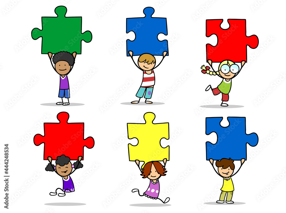 Viele Cartoon Kinder halten Puzzle Stücke als Teamwork Konzept Stock ...
