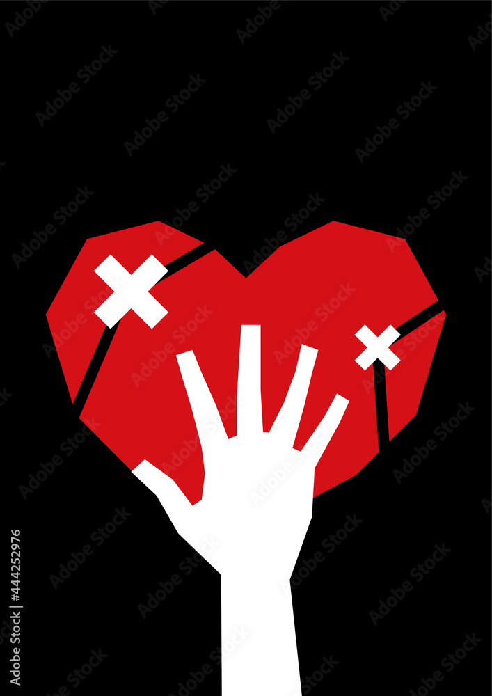 Minimalistic art with a white silhouette of a hand holding a red broken ...