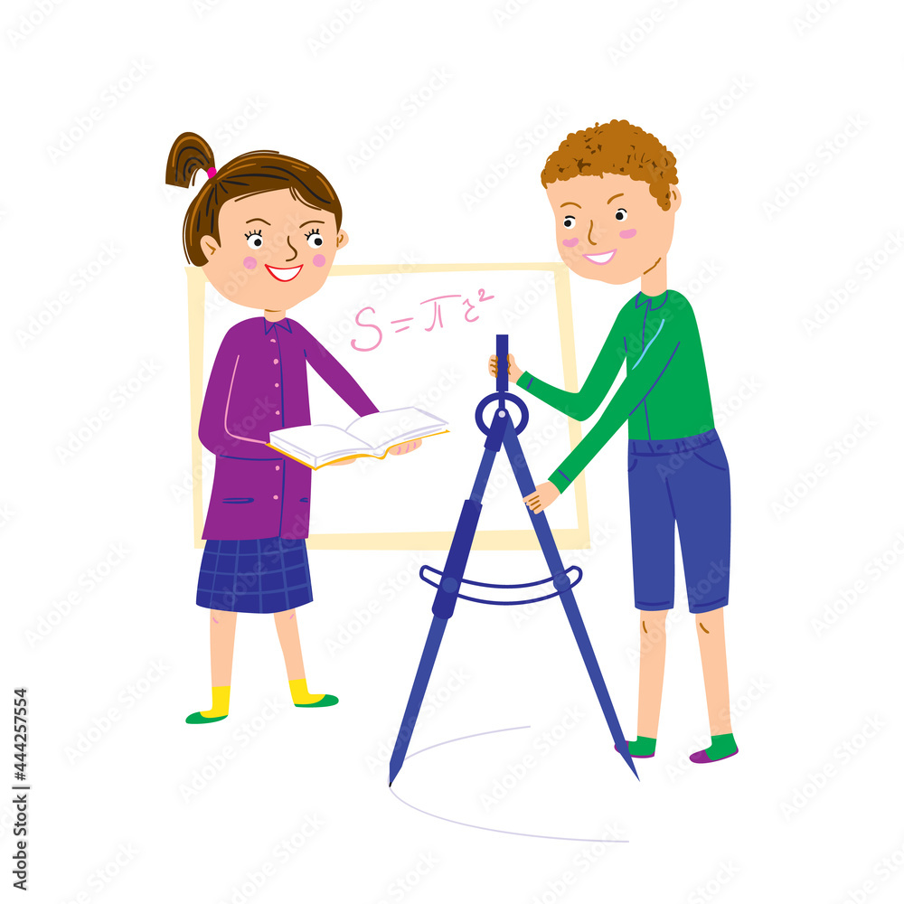 Happy schoolchildren in geometry lesson. Вoy draws a circle with a ...
