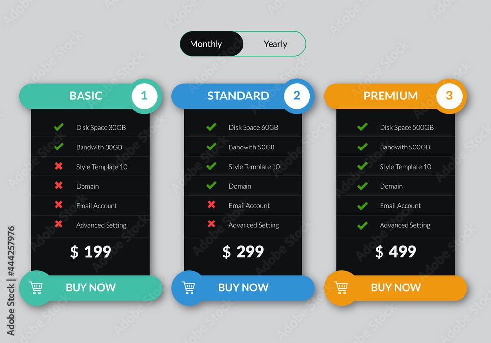 Modern looking pricing comparison table design with four subscription ...