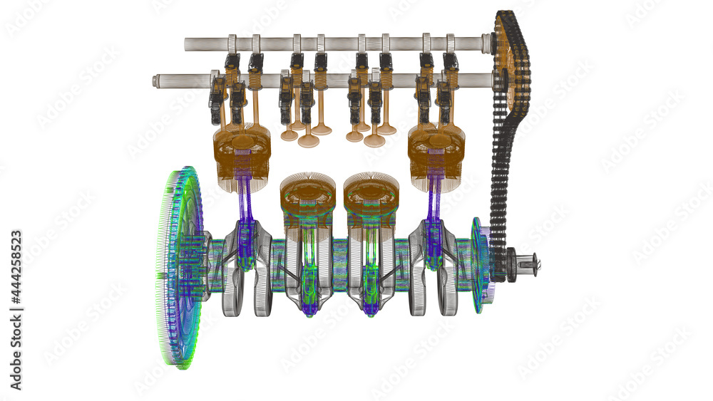Isolated illustration of a car engine with exposed connecting rods and ...