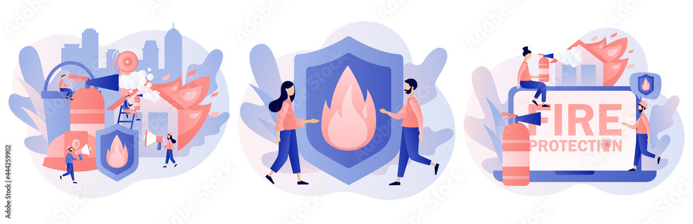 Fire protection concept. Fire prevention technologies. Tiny people ...