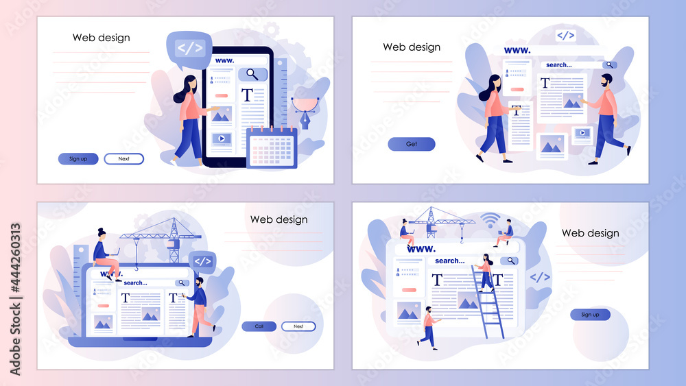 Web design concept. Tiny people building webpage. Website interface ...