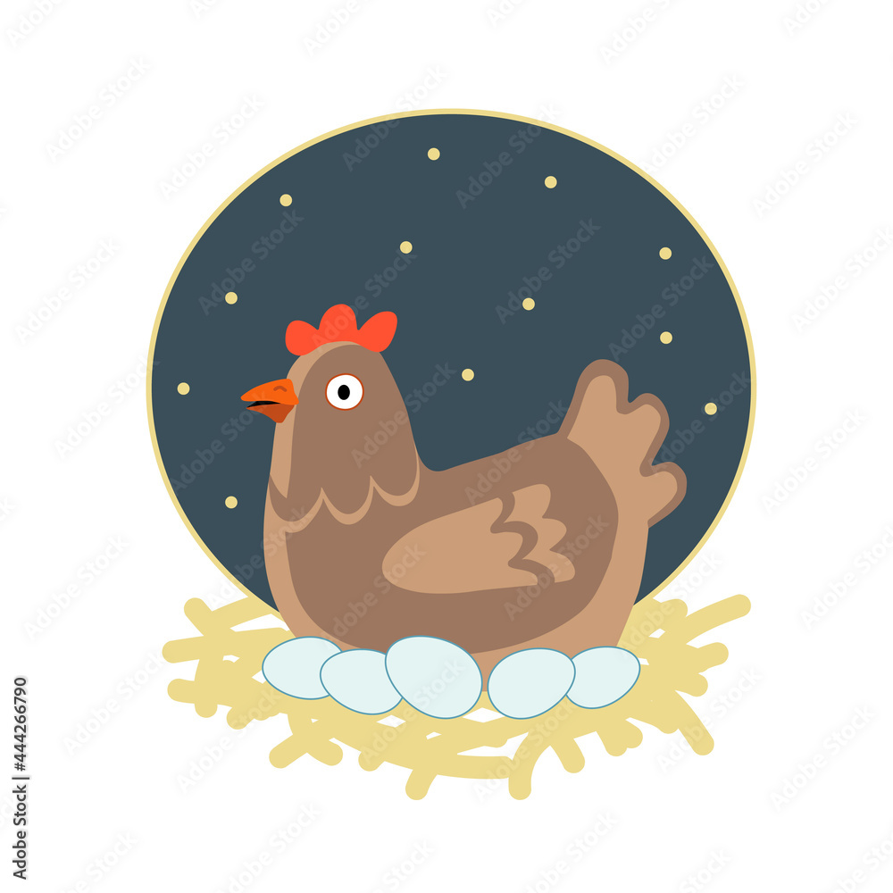 Cute happy hen sitting on her eggs in straw nest at night. Cartoon ...