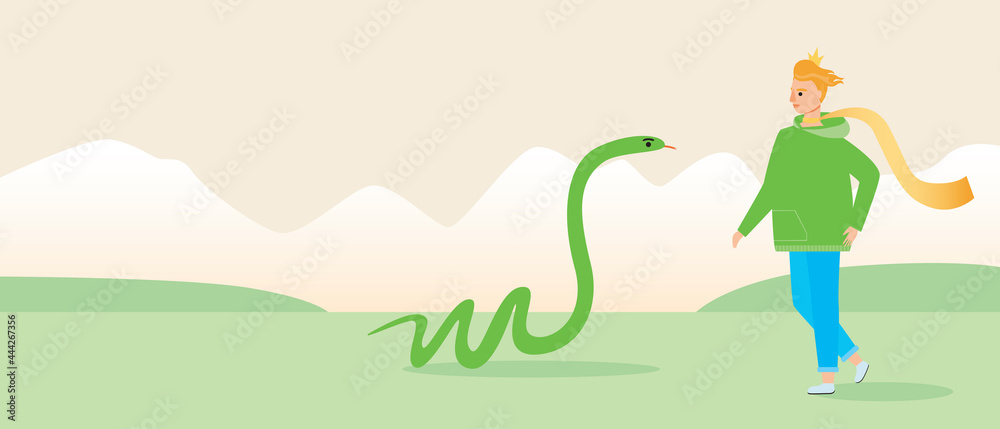 Little prince and snake, copy space template, flat vector stock ...