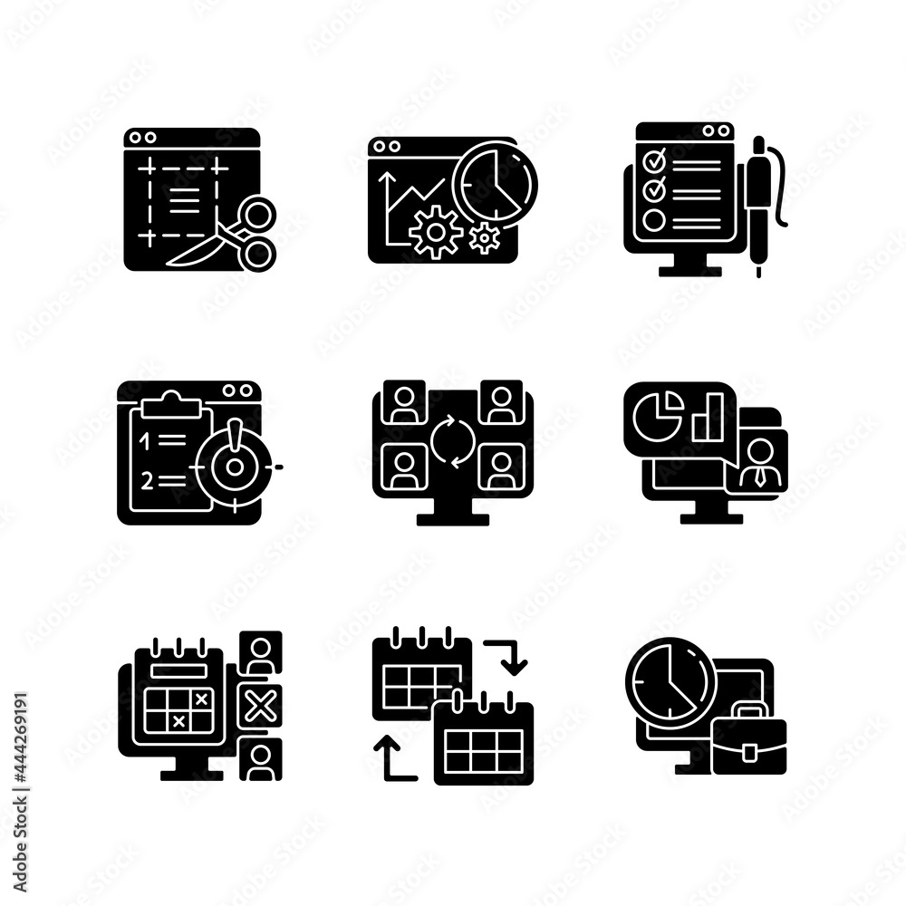 Vetor de Work monitoring tools black glyph icons set on white space ...
