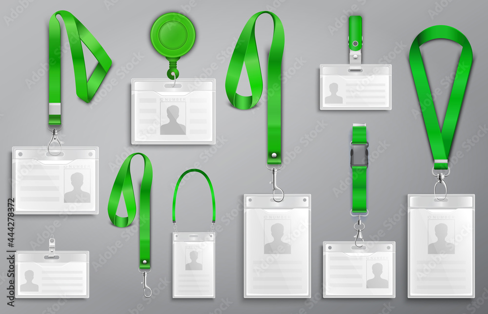 Set of realistic badges id cards on green lanyards with strap clips ...