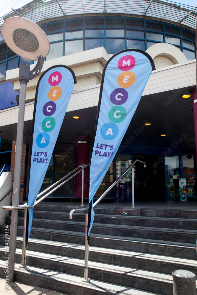 Mecca Bingo logo on banners outside entrance to building. Company logo ...