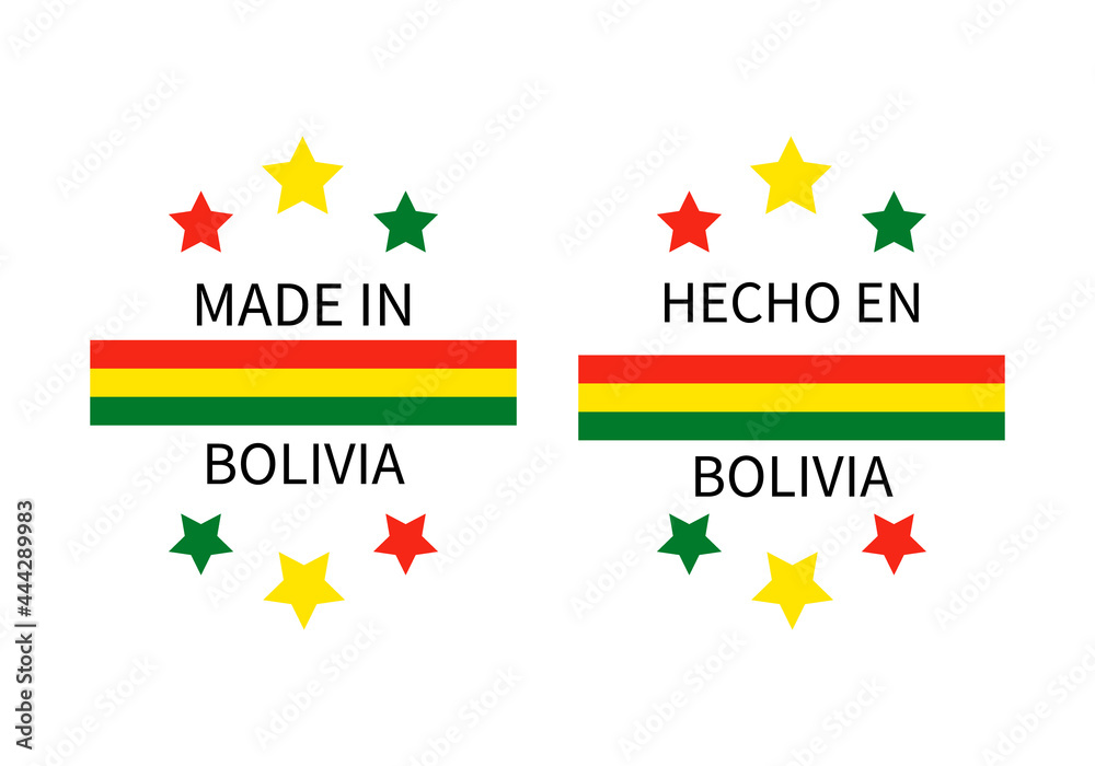 Made in Bolivia labels in English and in Spanish languages. Quality ...