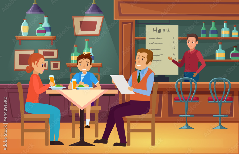 Family people eat food in cafe vector illustration. Cartoon young ...