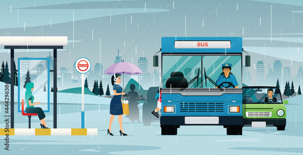 The bus was picking up passengers as the rain forced the car in the ...