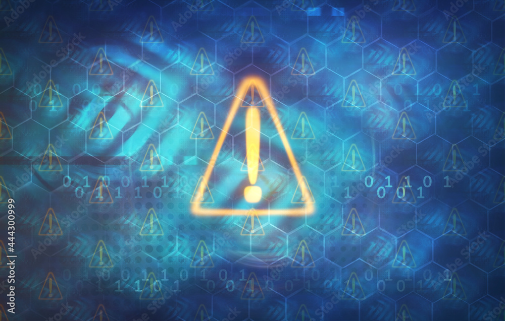 warning symbol with binary code and hexagonal grid background 3d ...
