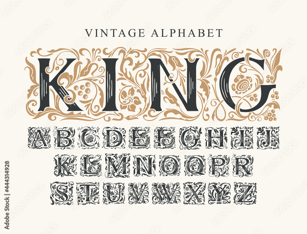 Vecteur Stock The word KING. Vintage Alphabet, vector set of hand-drawn ...