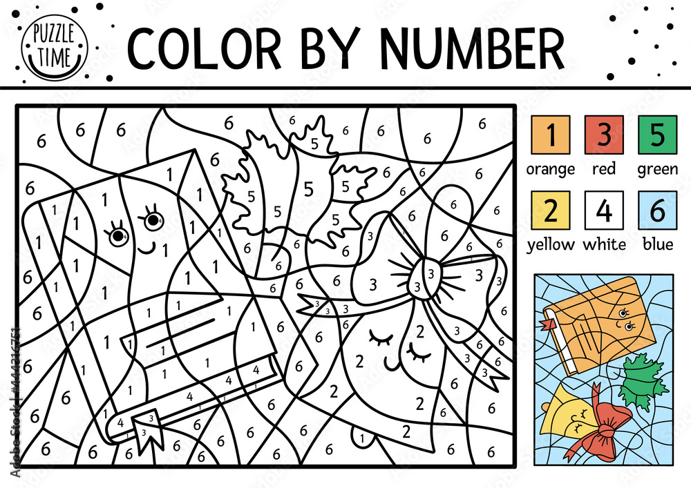 Vetor de Vector color by number activity with cute kawaii book, bell ...