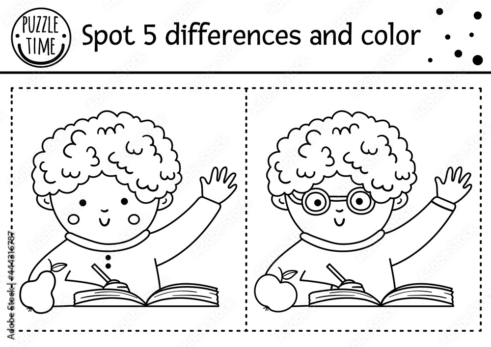Back to school find differences game for children. Black and white ...