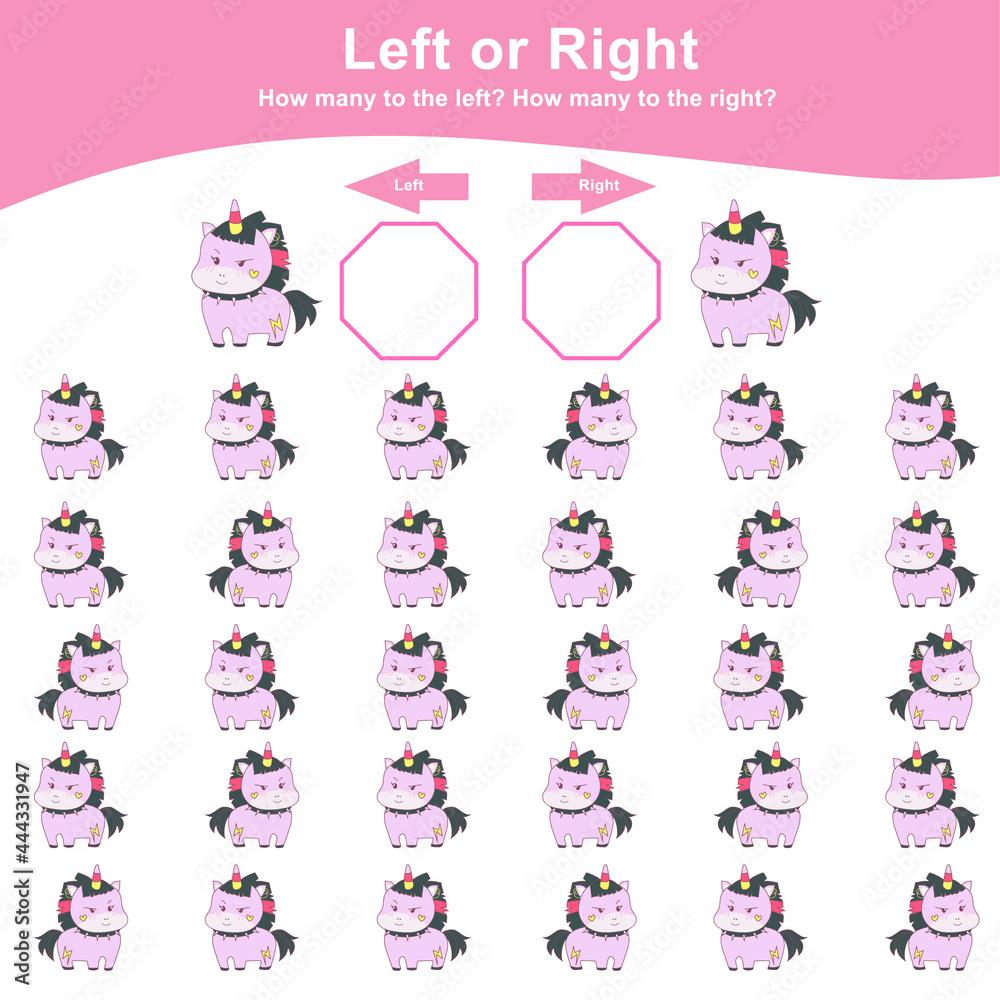 Left or Right Unicorn Game for Children. Cute unicorn math worksheet ...