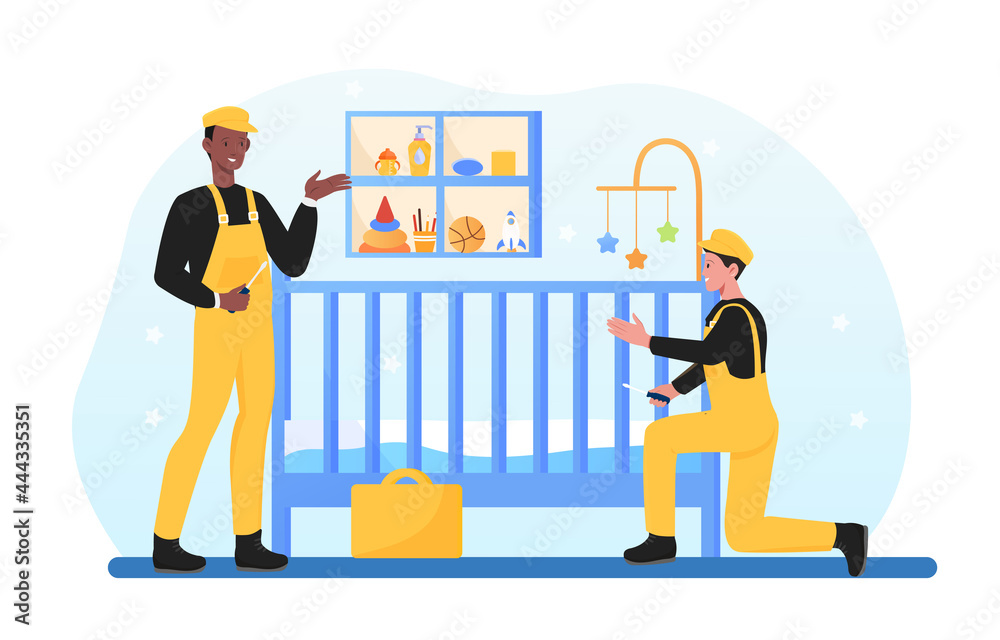 Young smiling handymen are installing child cot in bedroom. Two men in ...