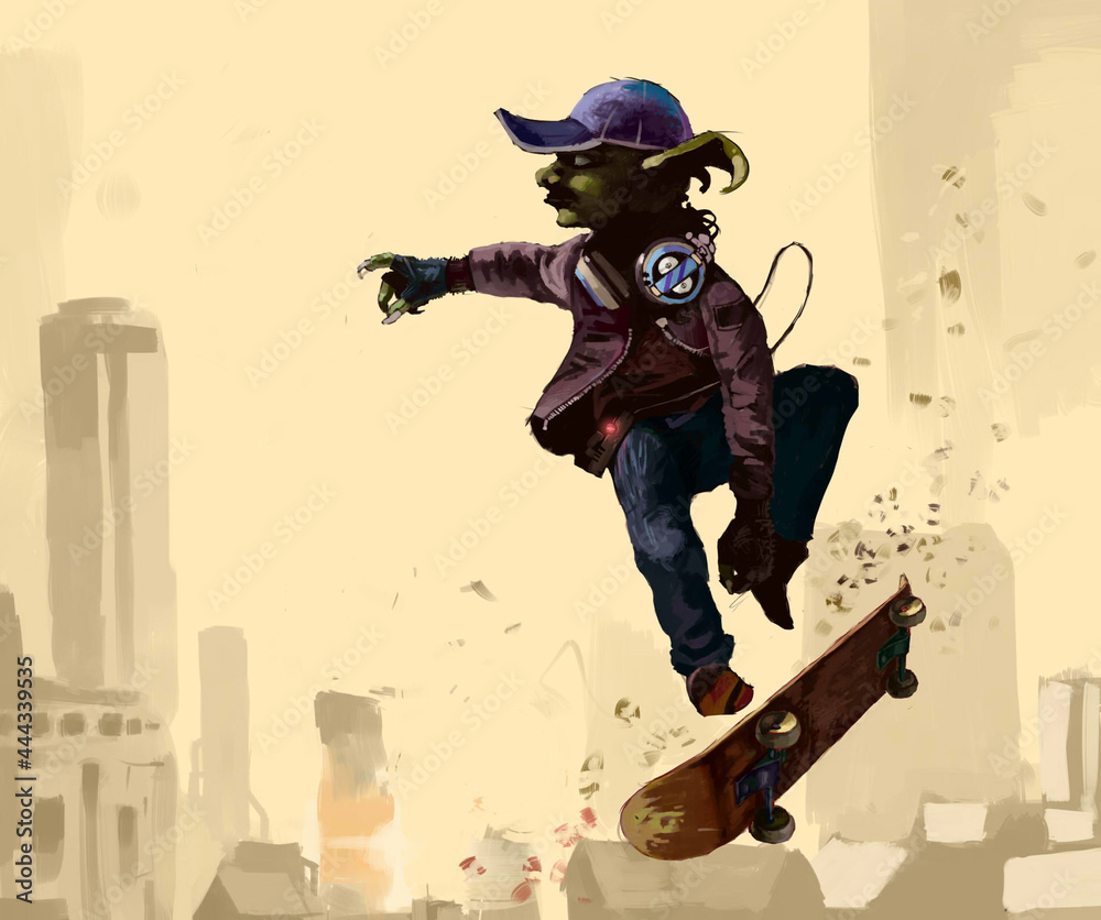 art of a young goblin on a skeleton in modern clothes, he looks like a ...