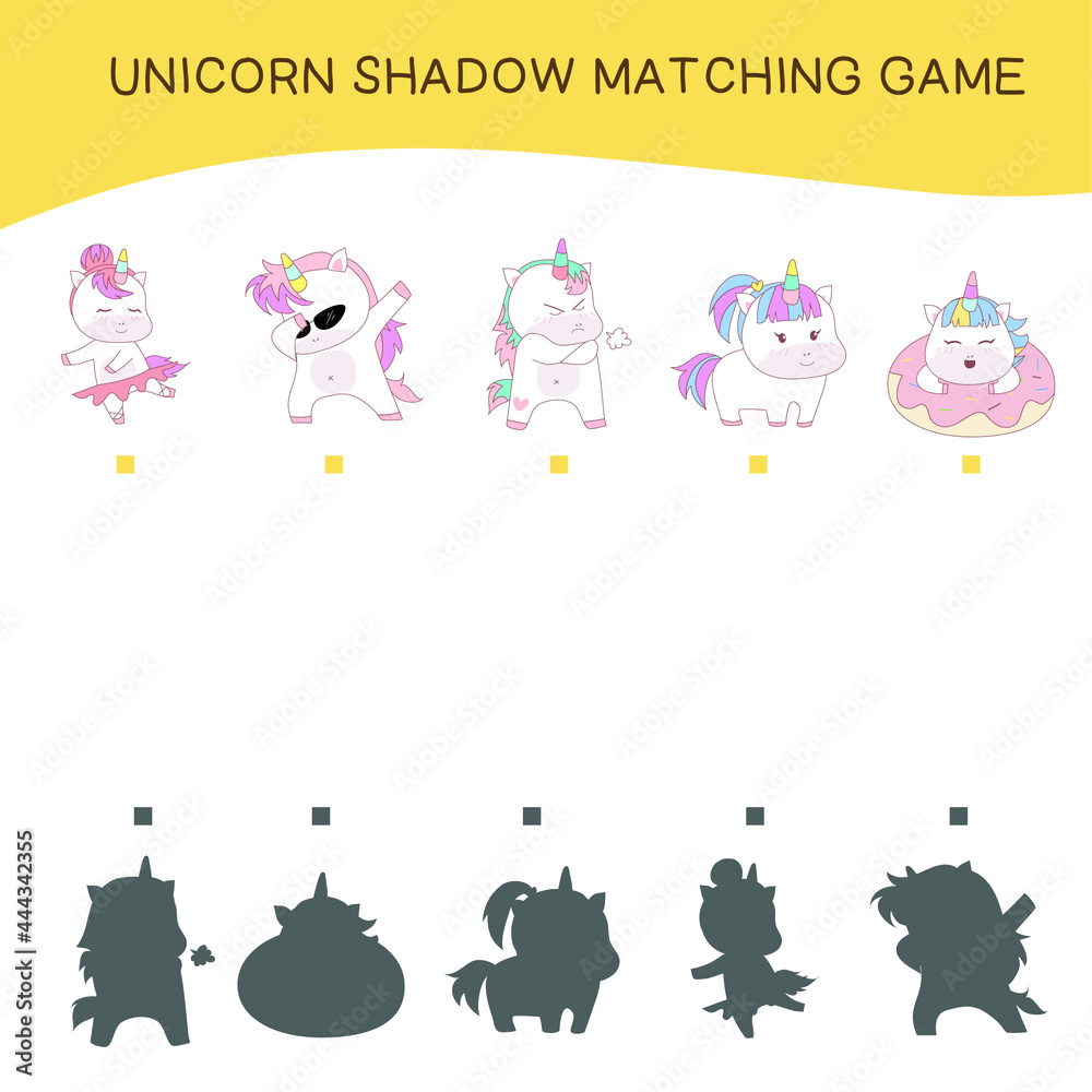 Vetor de Matching unicorn shadow game for children. Cute unicorn math ...