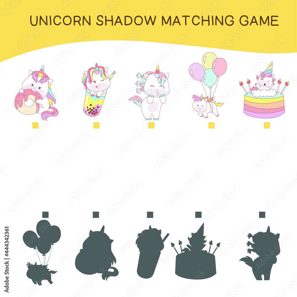 Matching unicorn shadow game for children. Cute unicorn math worksheet ...