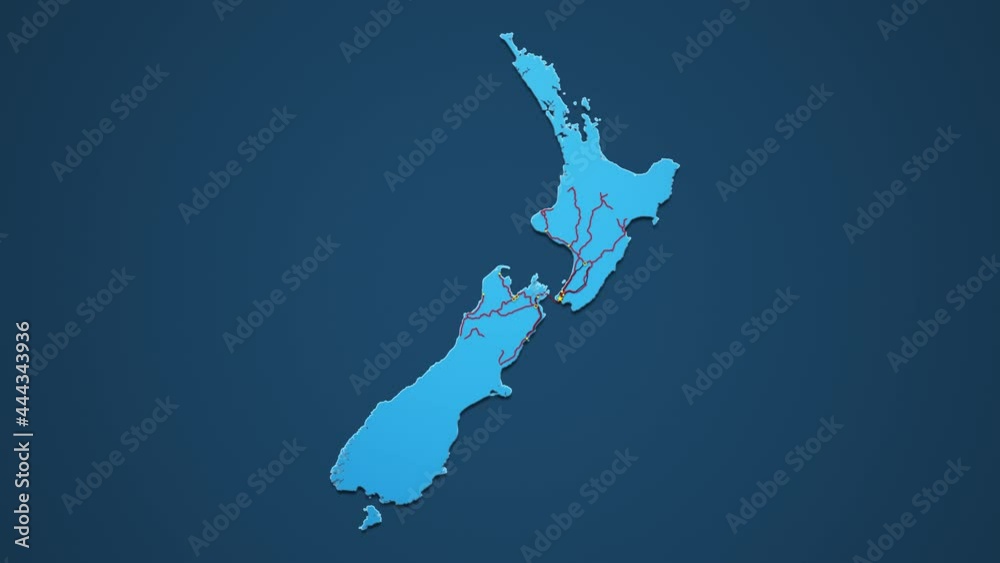 Light blue map of New Zealand with cities, roads and railways on a dark ...