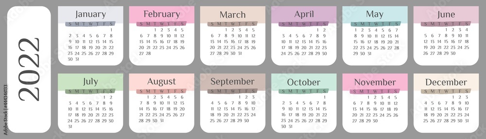 Vector illustration. Colorful calendar 2022 template. Week Starts on ...