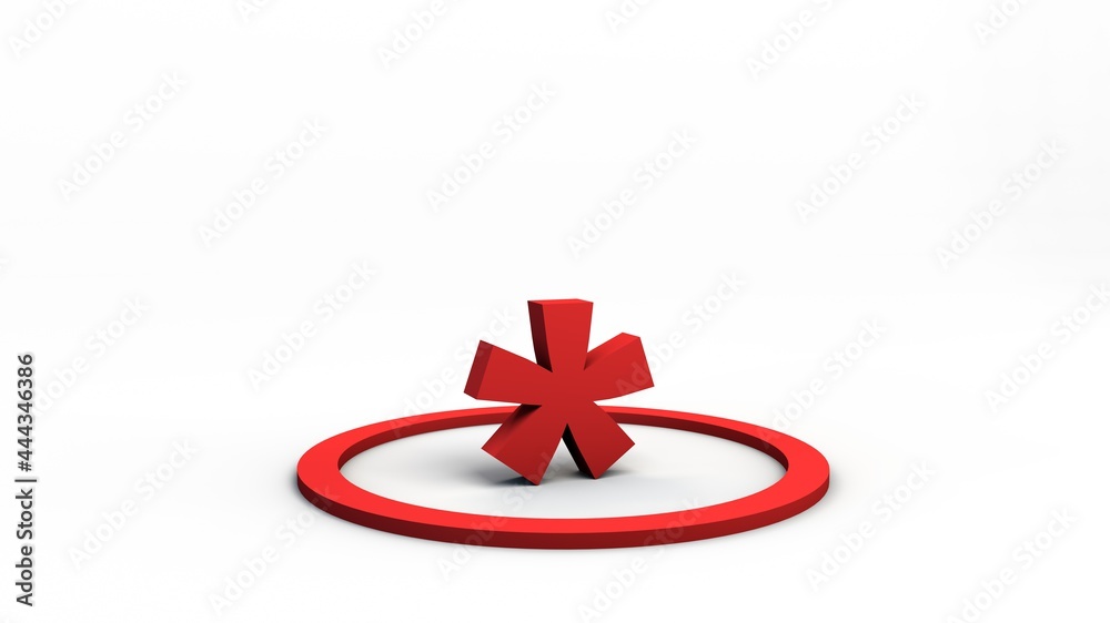 Red asterisk symbol inside circle. 3D illustration. White neutral ...