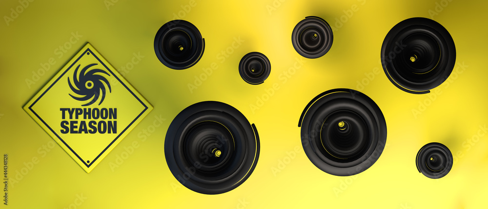 Typhoon season banner with sign. Top view. Warning. Alert. 3D ...