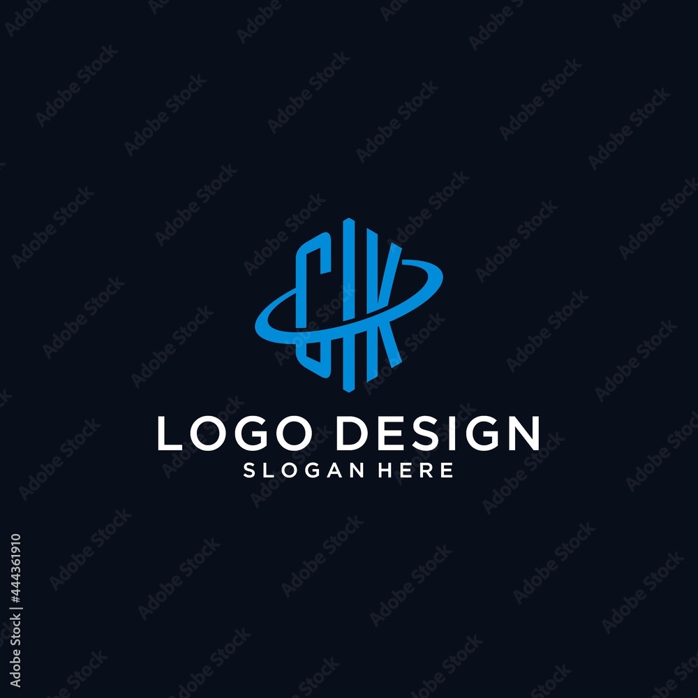 CK initial monogram logo with hexagonal shape and swoosh design Stock ...