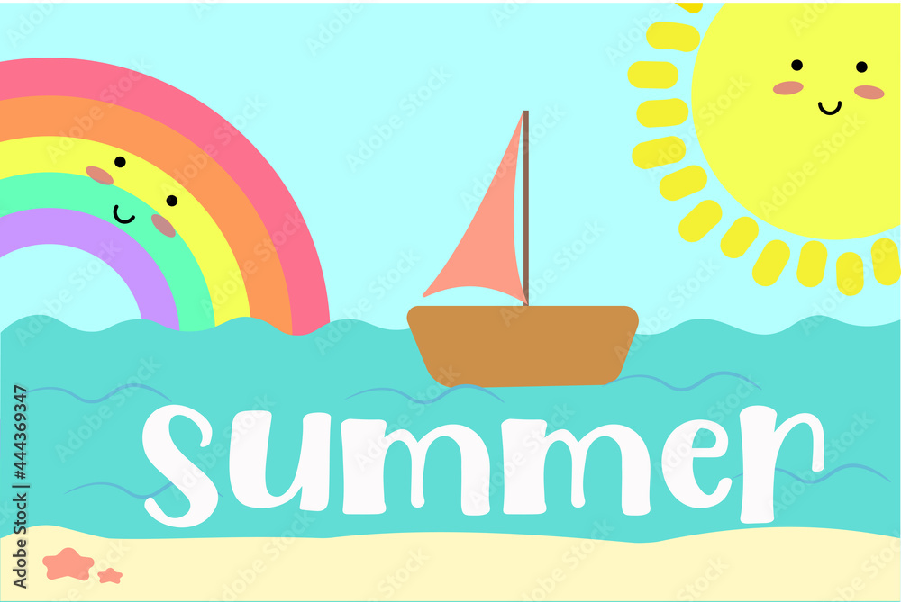 Cute sun cartoon and rainbow background with typography "summer" for ...