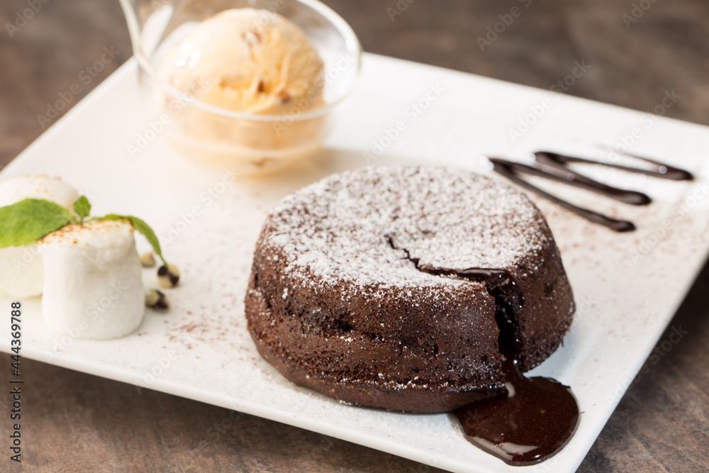 Lava hot cake with vanilla ice cream and mash mallow. Cake. Chocolate ...