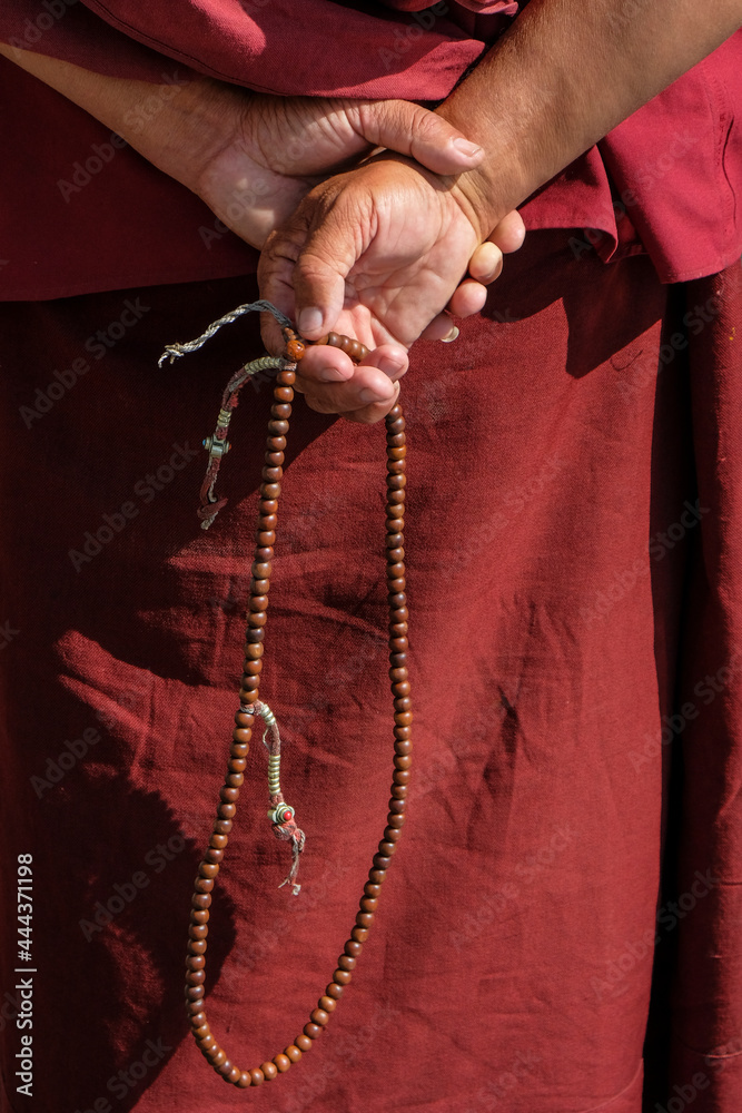 Tabo, India - June 2021: Detail of the hands of a Buddhist monk in the ...