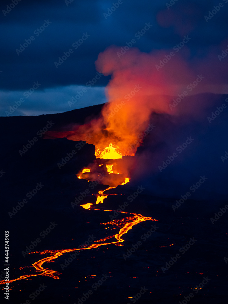 Crater eruption and glowing river of magma from Fagradalsfjall Volcanic ...