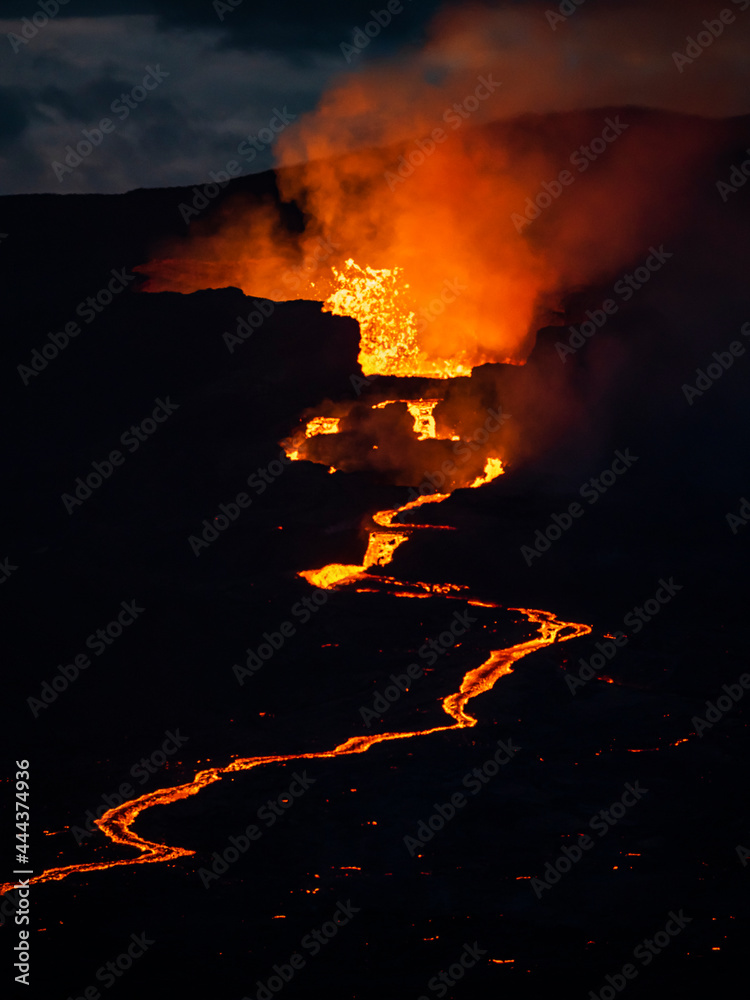 Crater eruption and glowing river of magma from Fagradalsfjall Volcanic ...