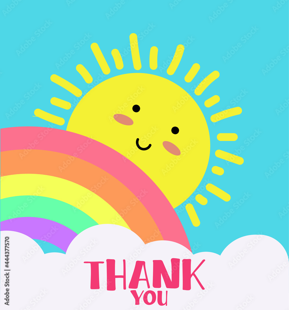 Thank you typography design with cute sun, cloud, and rainbow ...