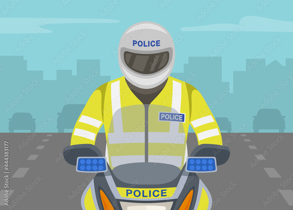 Traffic police officer riding motorcycle on the highway. Close-up view ...