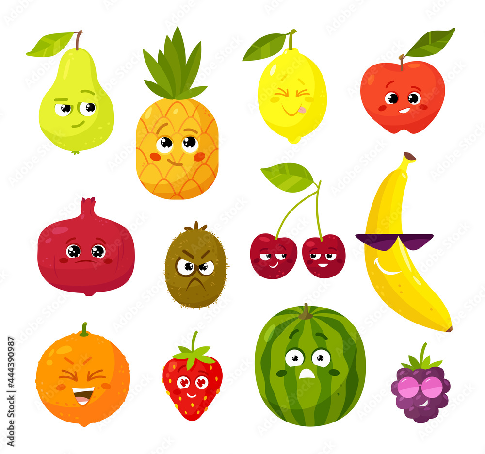 Cute cartoon tropical fruits and berries characters with various ...