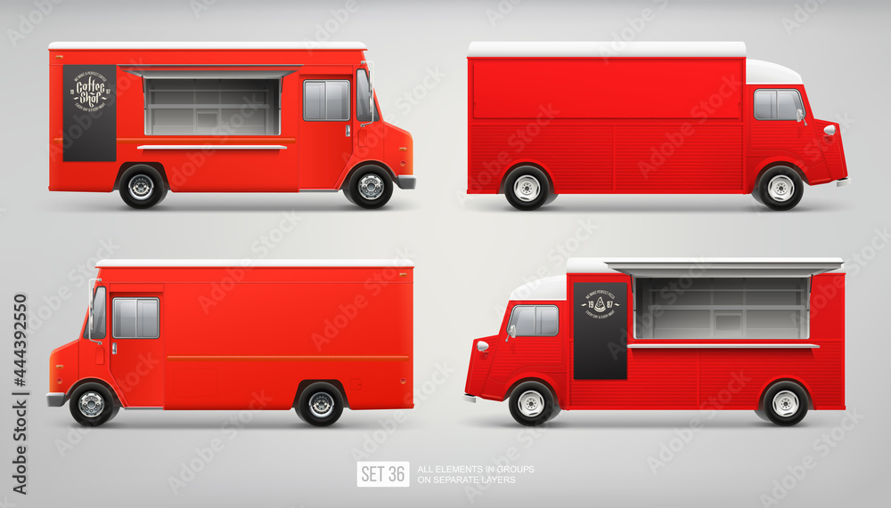 Set of red food truck vector template. Realistic Delivery Service ...