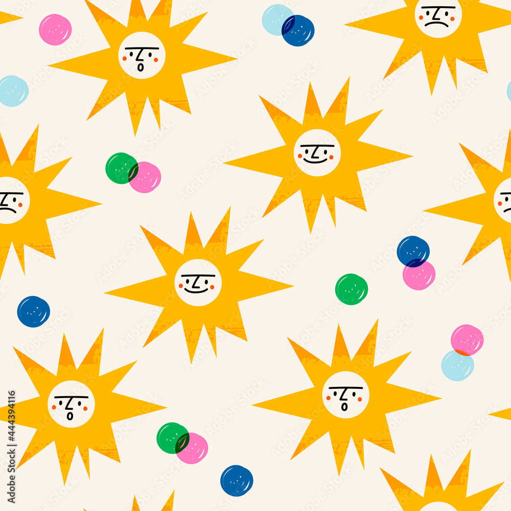 Abstract Suns with comic Faces. Colorful characters, spots, dots ...