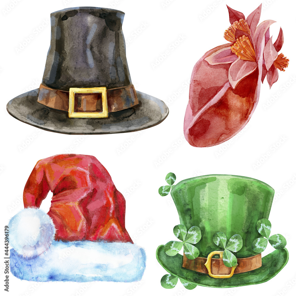 Set of watercolor illustrations of hats on white background Stock ...