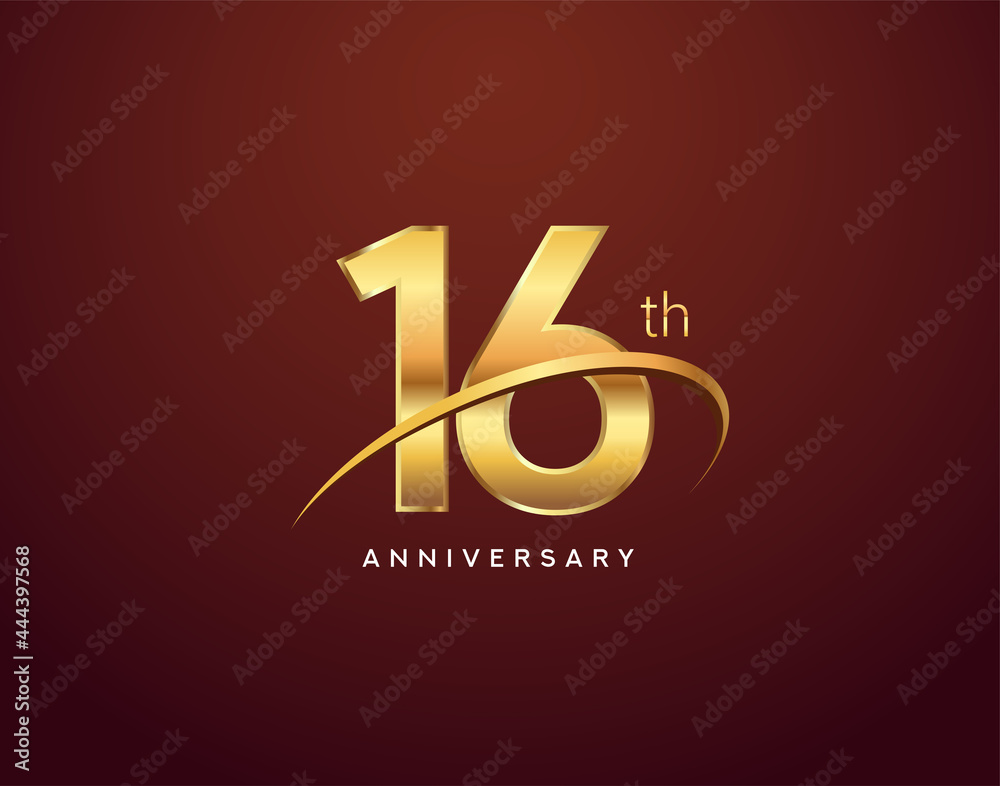 16th anniversary logotype golden color with swoosh, isolated on elegant ...