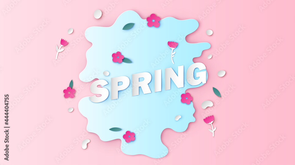 SPRING calligraphy on water splash background with paper flower, leaves ...