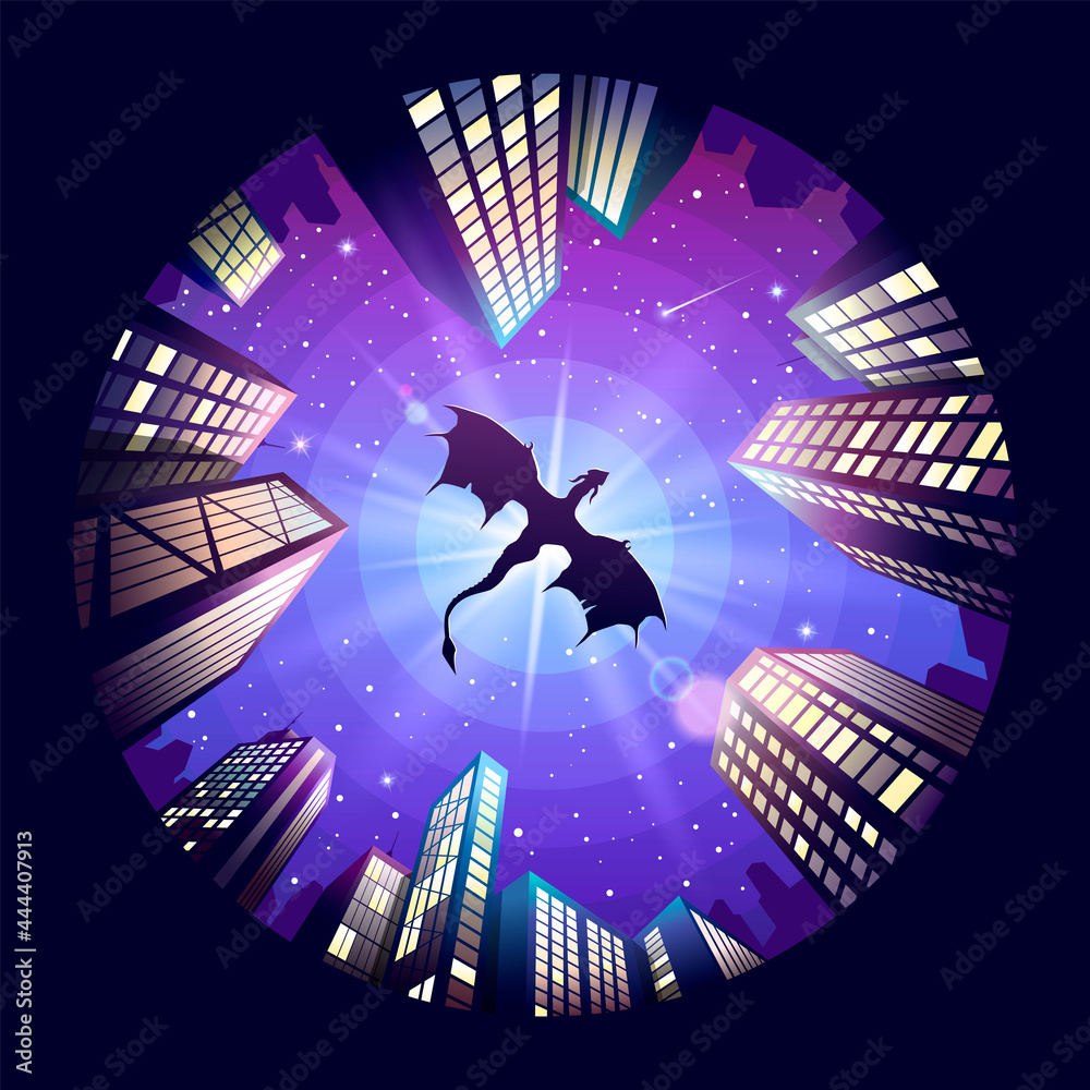 The dragon flies over the city. City of the future. City landscape with ...
