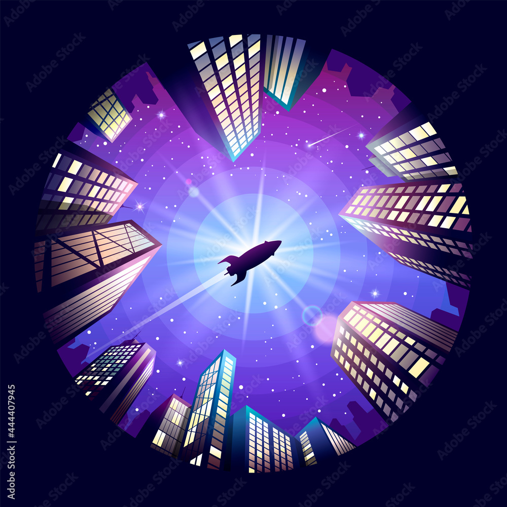 The rocket flies over the city. City of the future. City landscape with ...
