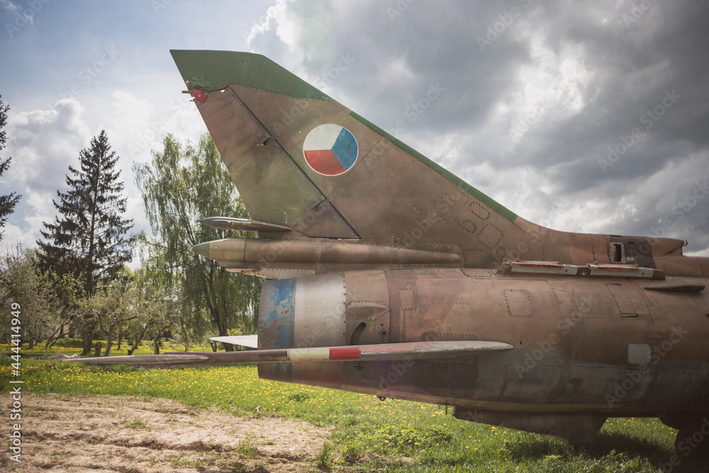 Fragment of old airplane wing with rusty bolts. Vintage background from ...