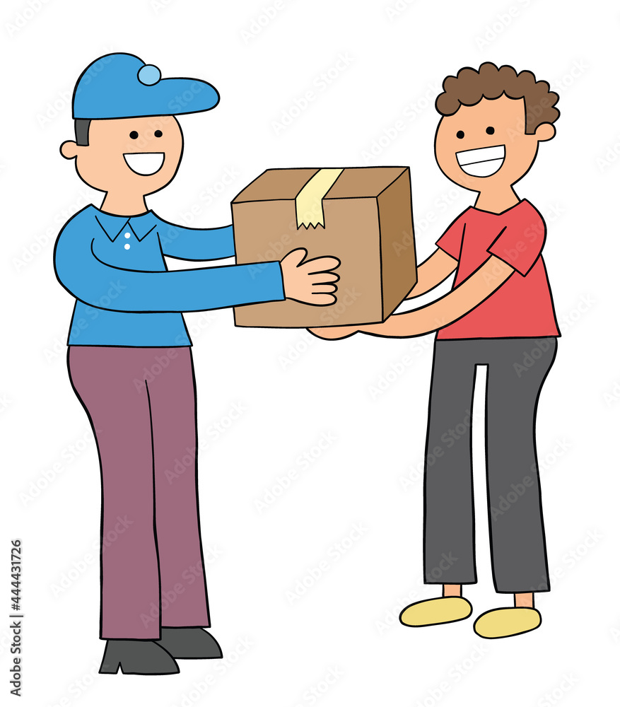 Cartoon courier brings the parcel, the customer receives the parcel ...