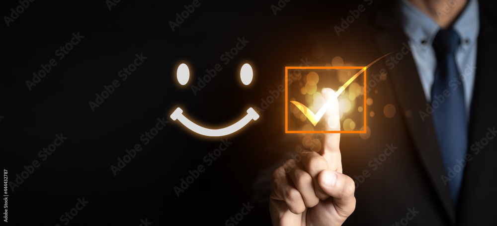 Customer service and Satisfaction concept ,Businessman pressing smiley ...